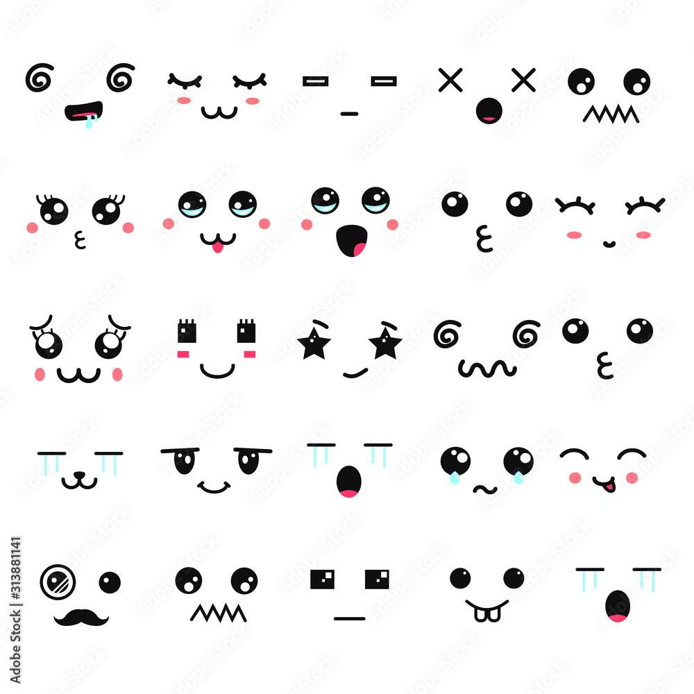 Kawaii cute faces. Manga style eyes and mouths. Funny cartoon japanese ...