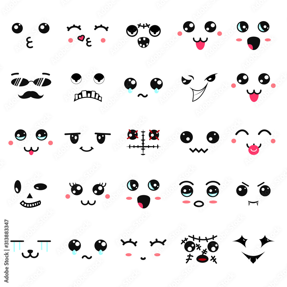 Kawaii cute faces. Manga style eyes and mouths. Funny cartoon japanese ...