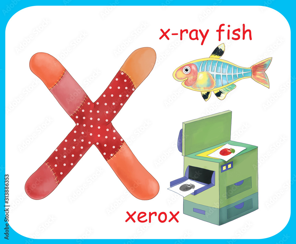 English alphabet. ABC. Capital letter X. X-ray fish, xerox. Coloring ...