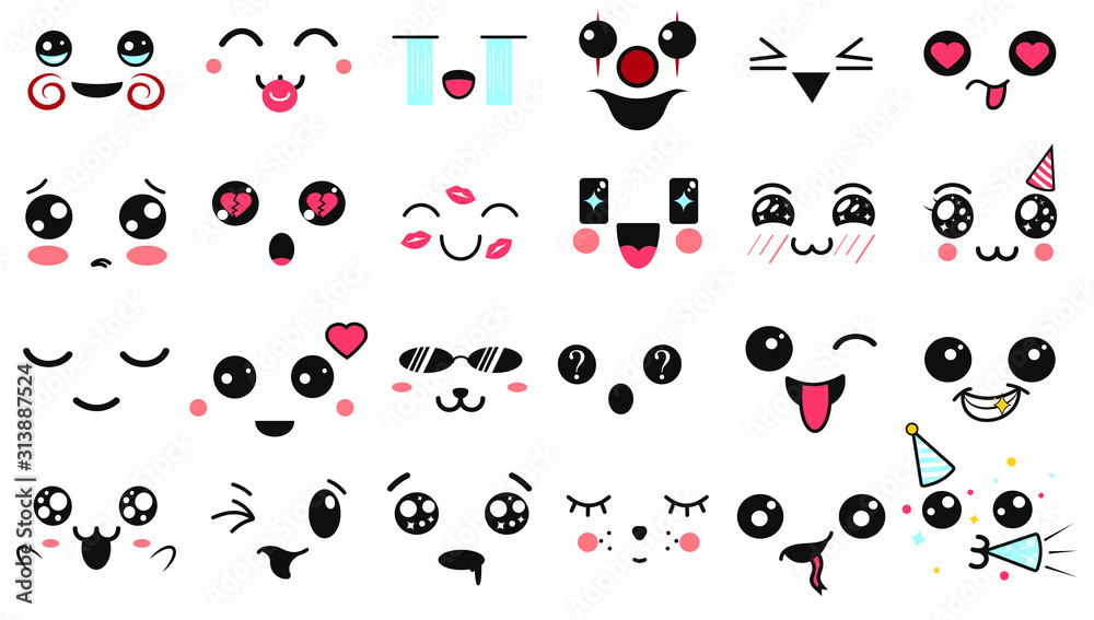 Kawaii cute faces. Manga style eyes and mouths. Funny cartoon japanese ...