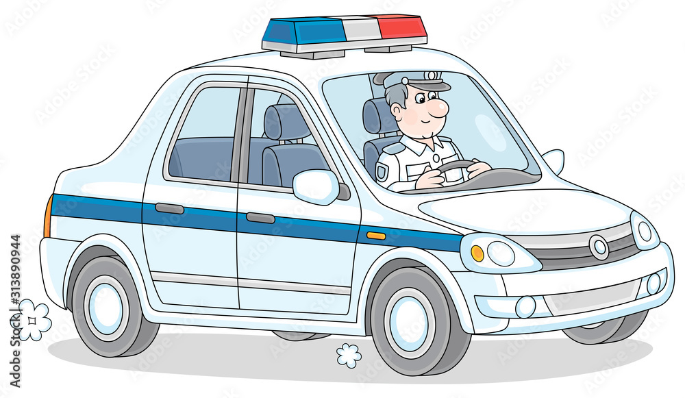 Police car with a traffic policeman on-duty during patrol, vector ...