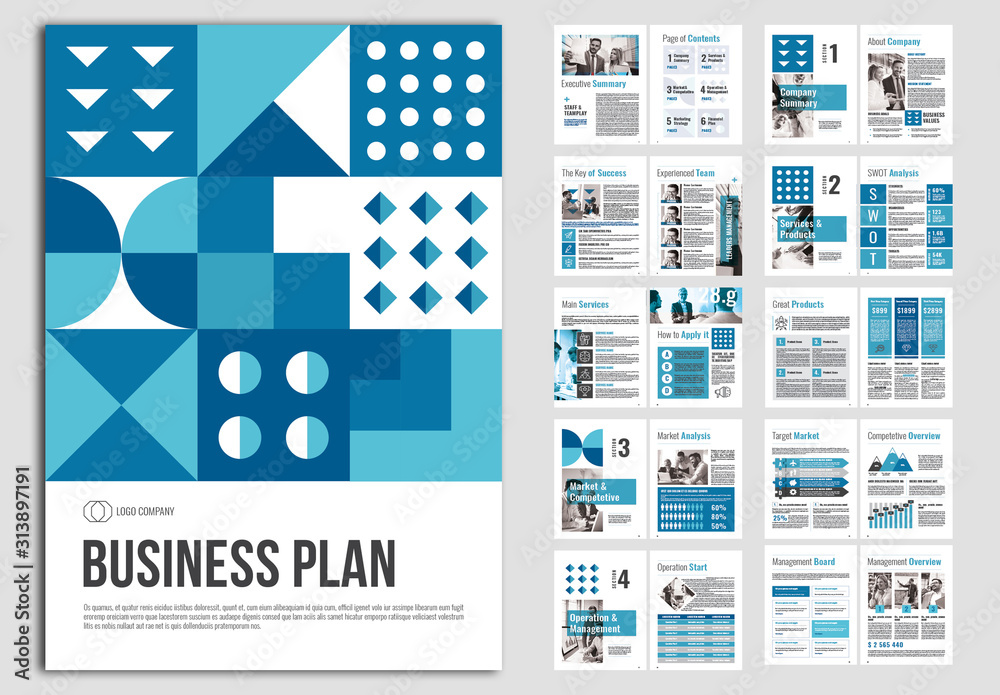 Business Plan Layout with Blue Accents Stock Template | Adobe Stock