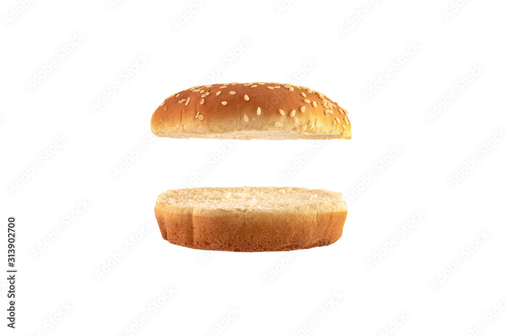 Open perfect burger bun isolated on the white background. Stock Photo ...