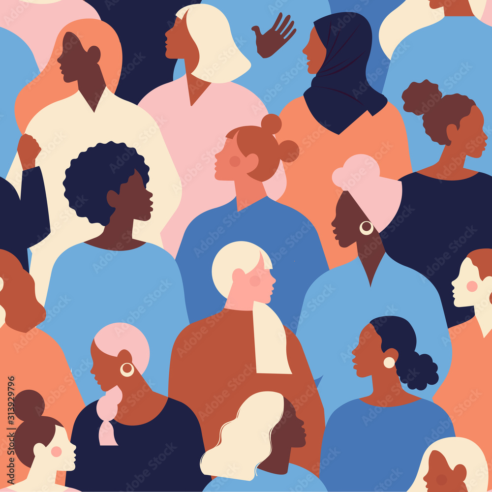 Female diverse faces of different ethnicity seamless pattern. Women ...