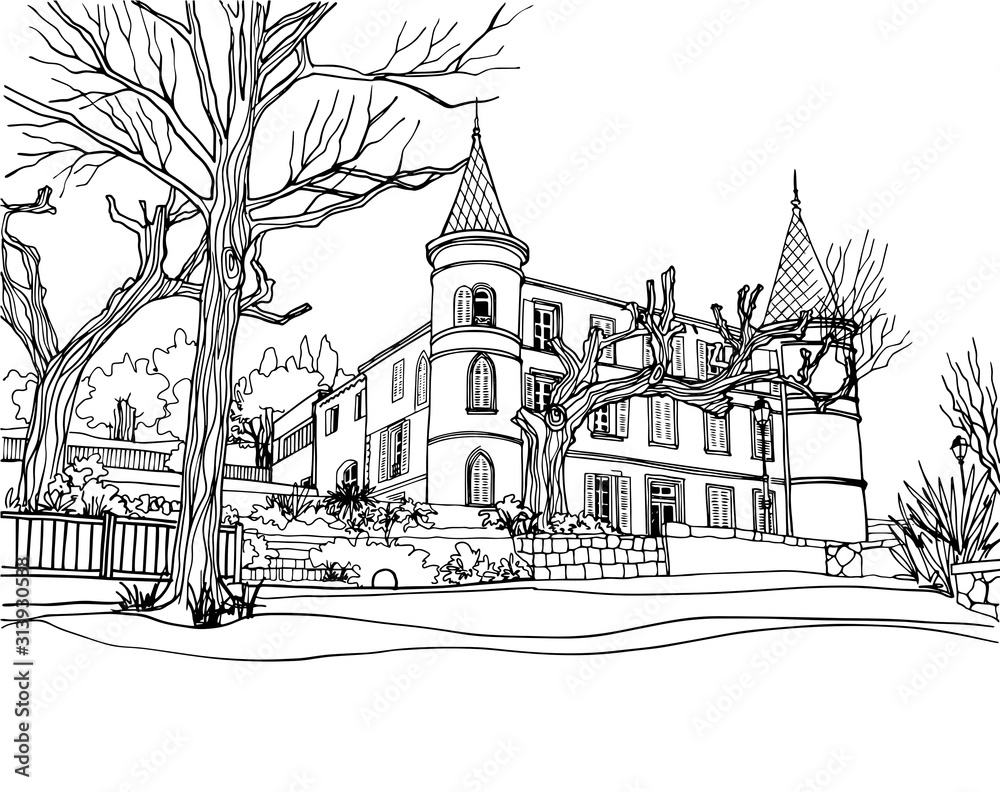 Old street in romantic Provence, France. Urban background in hand drawn ...