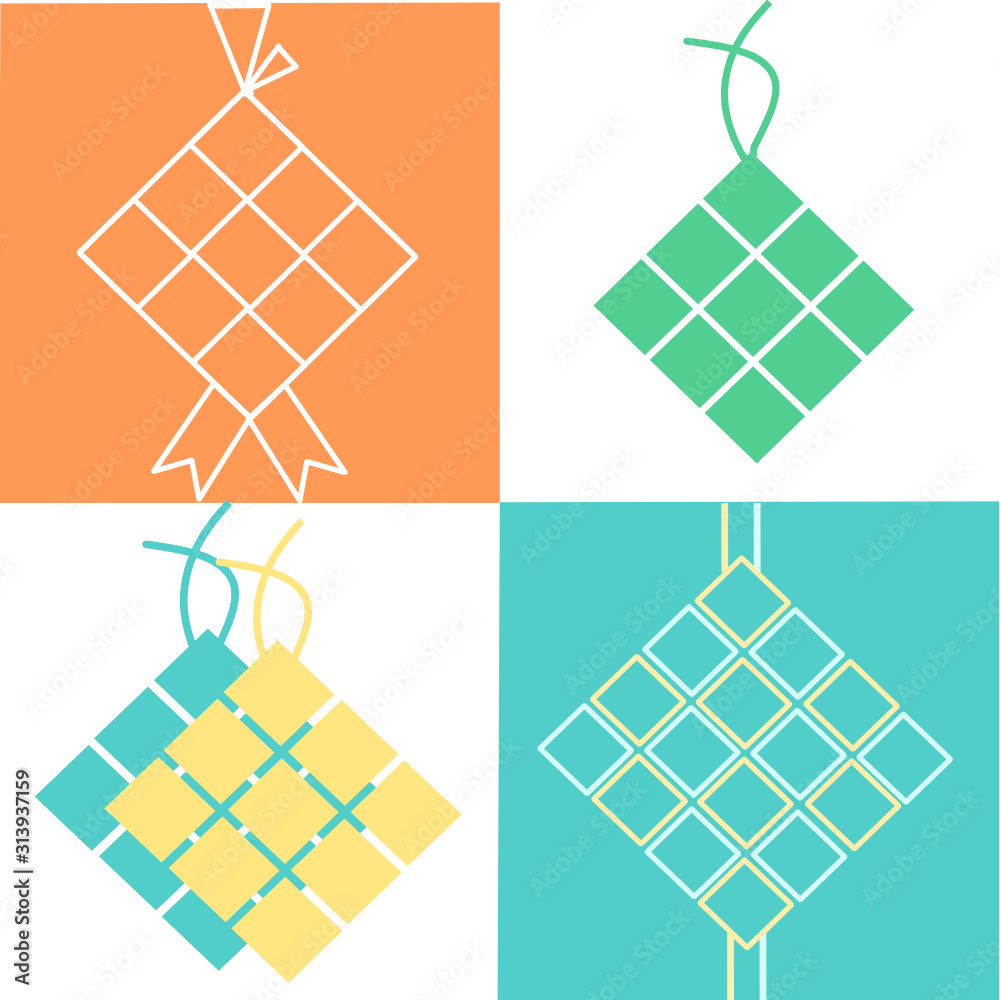 Set of ketupat icons in 4 different design on the green, orange and ...