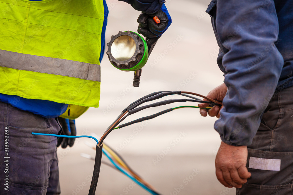 Photo & Art Print Electrical network and street light pole repair using ...