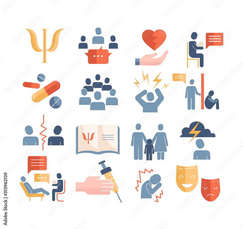 Large set of colored psychology icons with group therapy, analyst ...