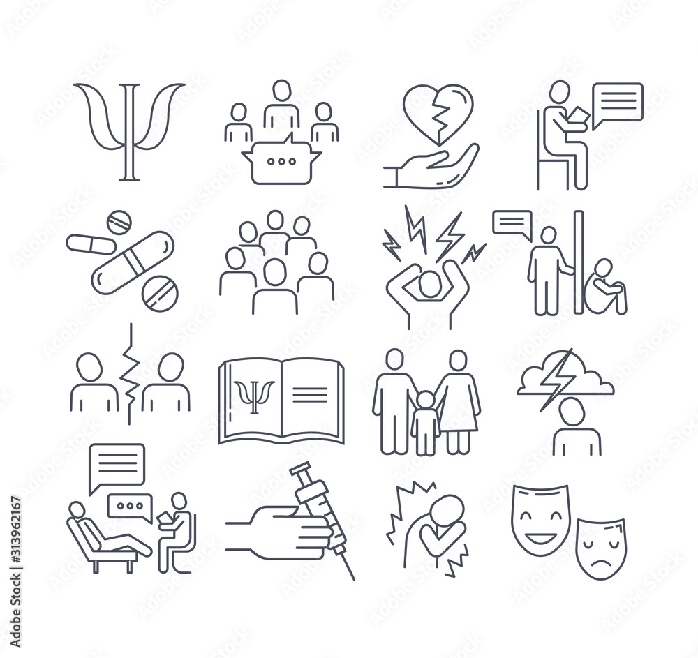 Large set of psychology line drawing icons in black and white with ...
