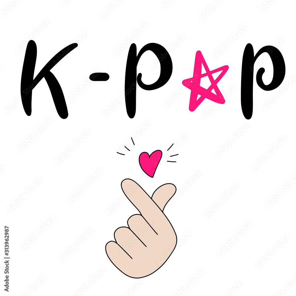 K-pop. Korean popular music style. Finger heart symbol and pink star. K ...