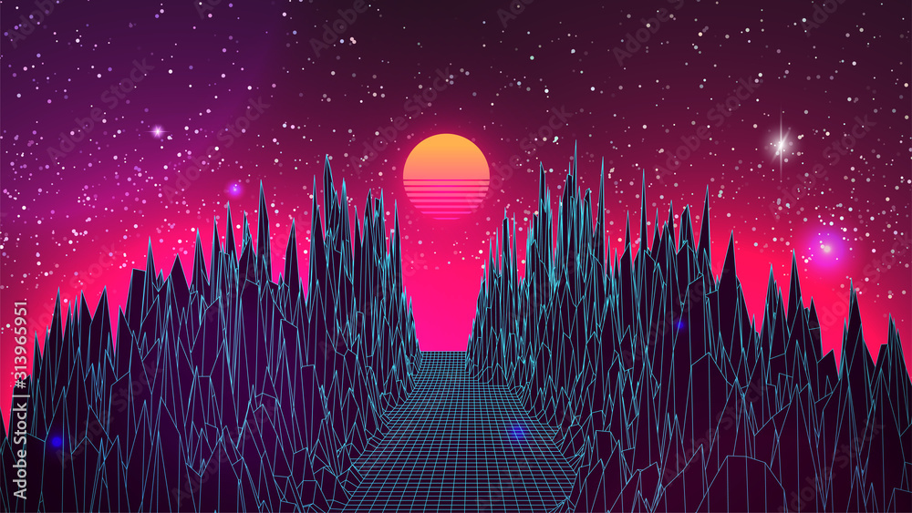 Synthwave Sunset. Perspective grid mountains with pink horizon glow and ...