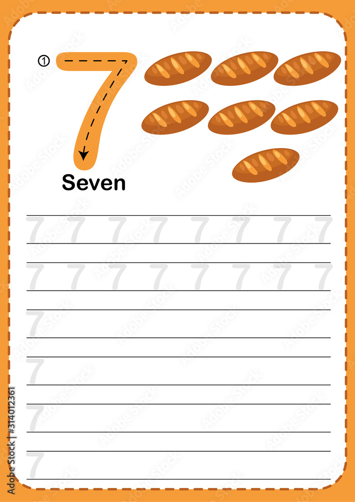 Learning Counting Number 7. Exercises for kids, A4 paper ready to print ...