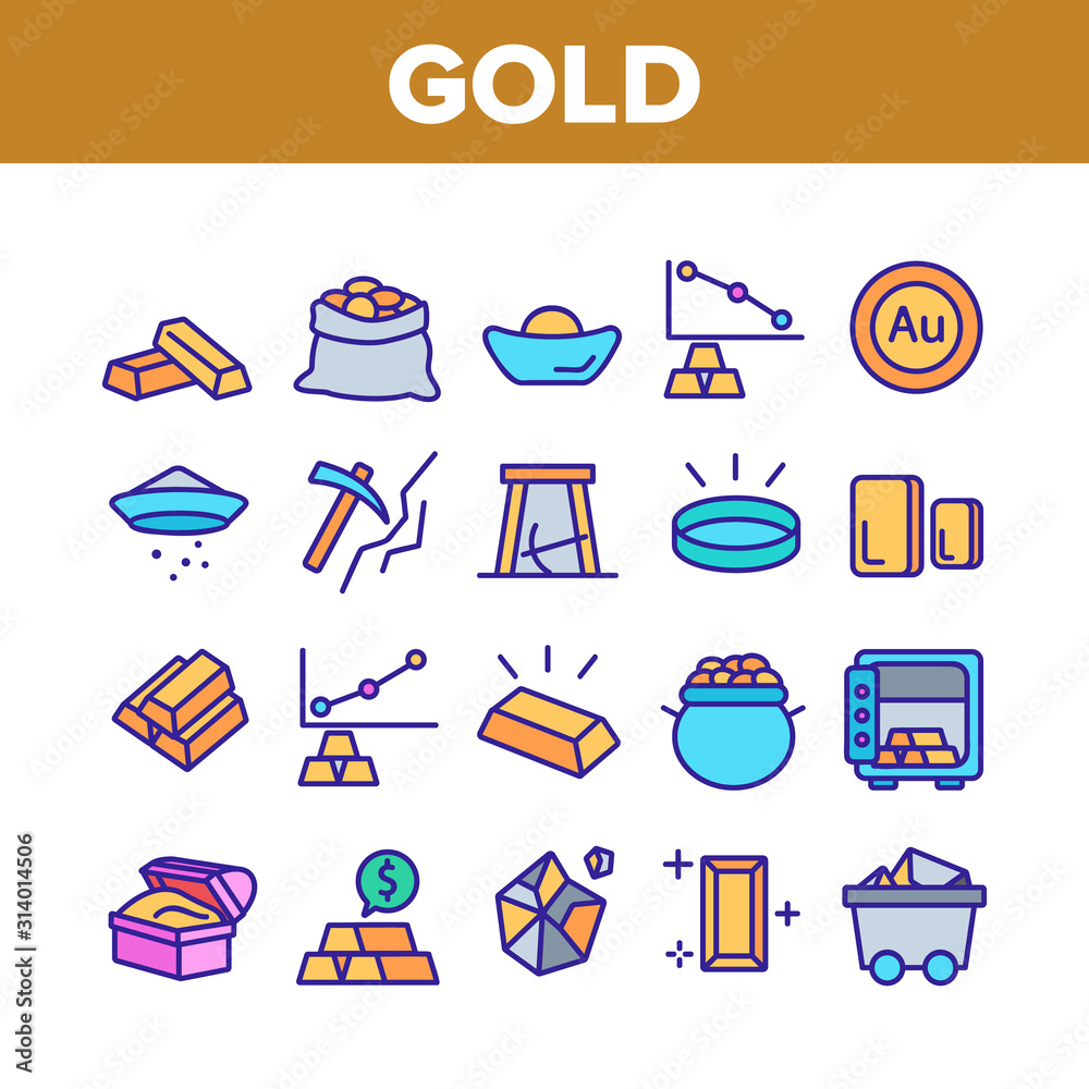 Gold Jewelry Metal Collection Icons Set Vector Thin Line. Safe With ...
