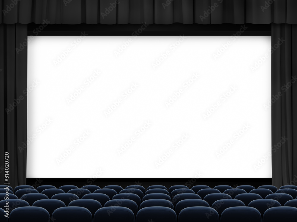 cinema big screen with black curtain frame and blue seats Stock Photo ...