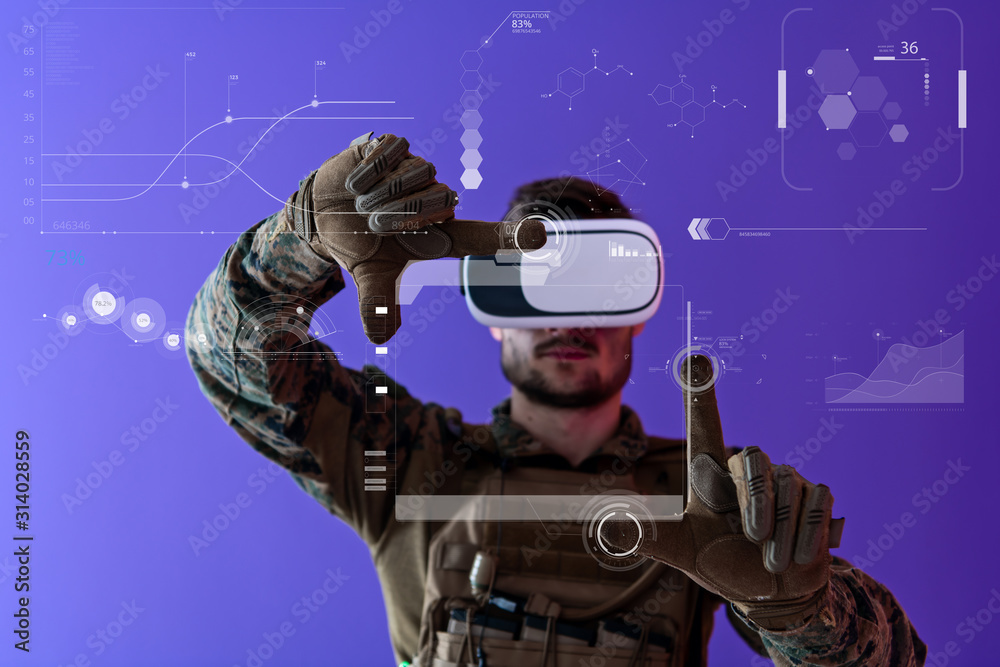 soldier using virtual reality headset purple background Photos | Adobe ...
