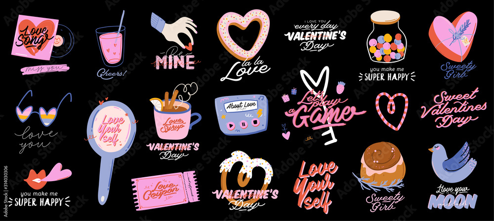 Beautiful love print with Valentines day elements. Romantic and cute ...