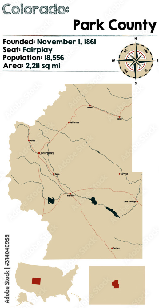 Large and detailed map of Park county in Colorado, USA. Stock Vector ...