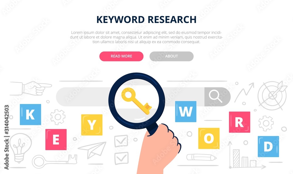 Colorful Keyword Search illustration with many doodle elements. Hand ...