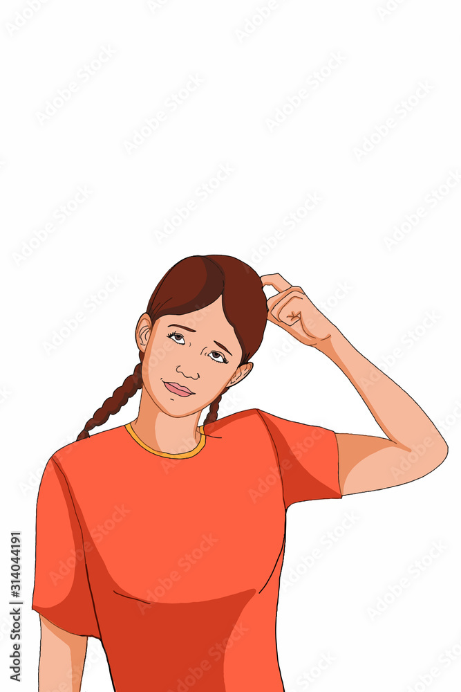 cartoon girl half body and thinking and white background Stock ...