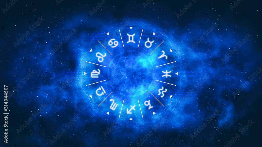 Blue astrological wheel with zodiac symbols and night starry sky ...