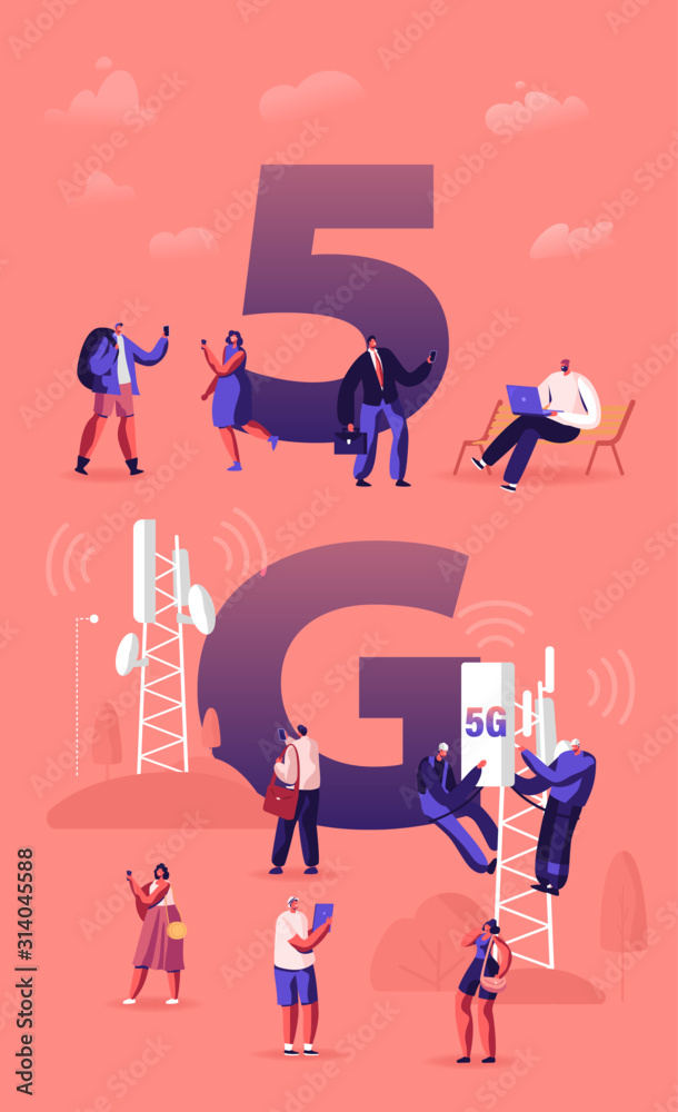 5g Technology Concept. Workers on Transmitter Tower Set Up High-speed Mobile Internet, New ...