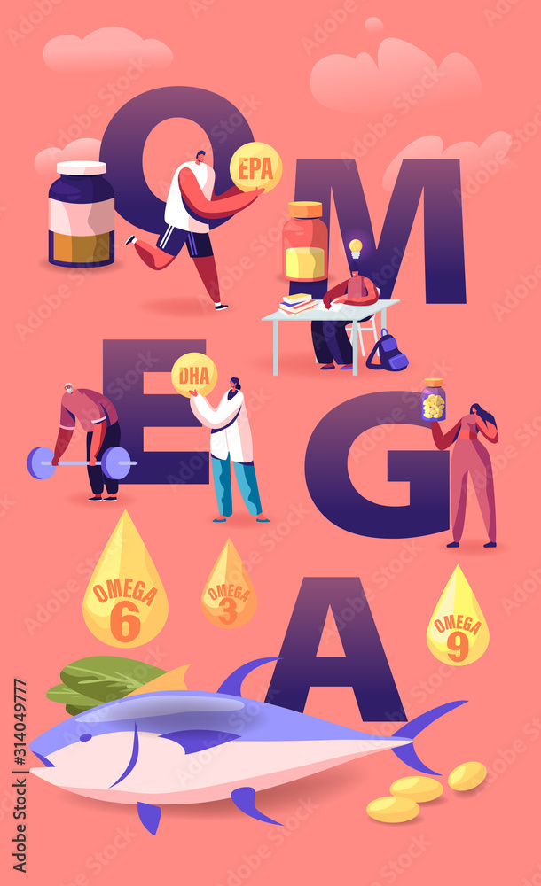 Omega Fat Concept. People Take Products and Vitamins with ...
