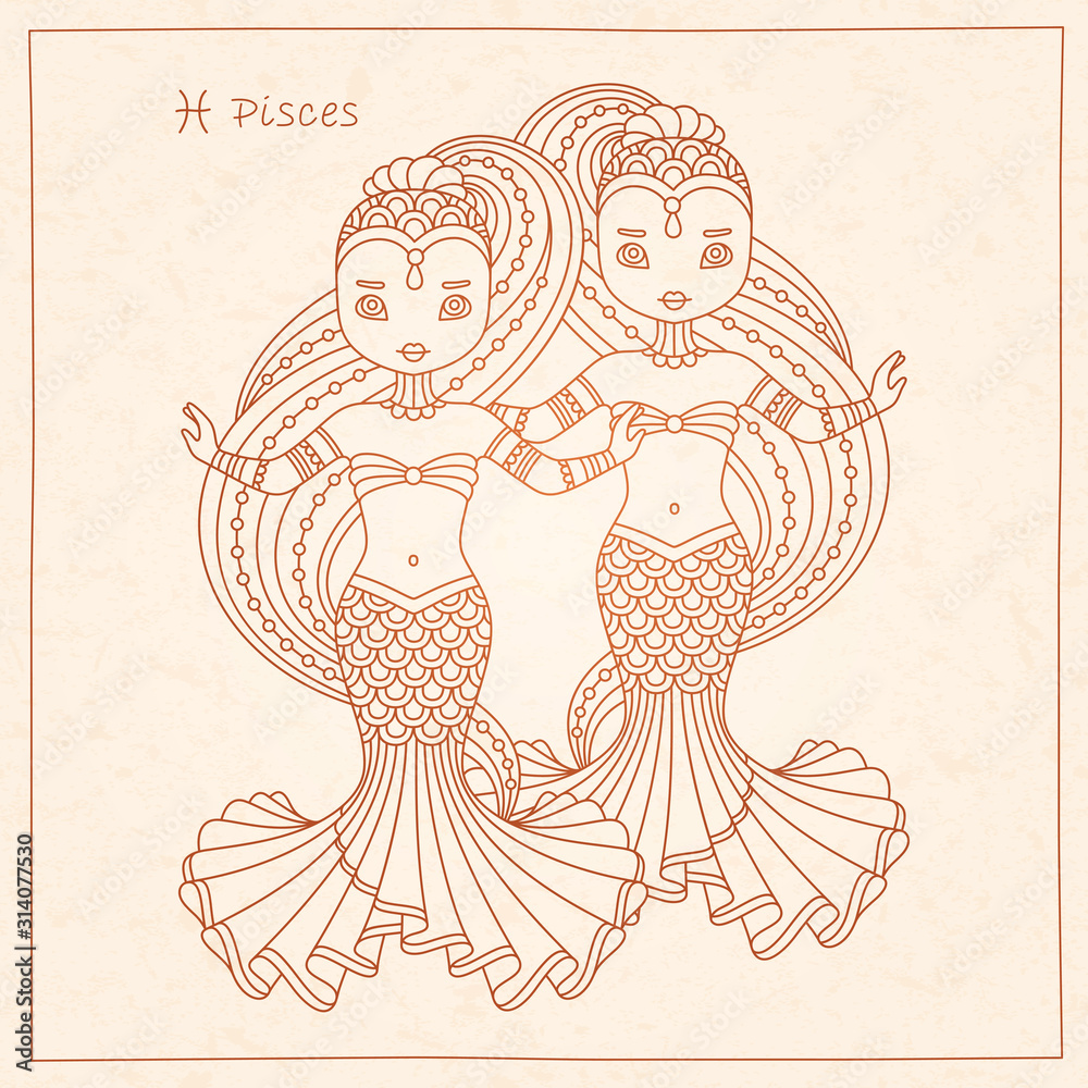 Pisces zodiac sign and texture of paper. Vector hand drawing ...