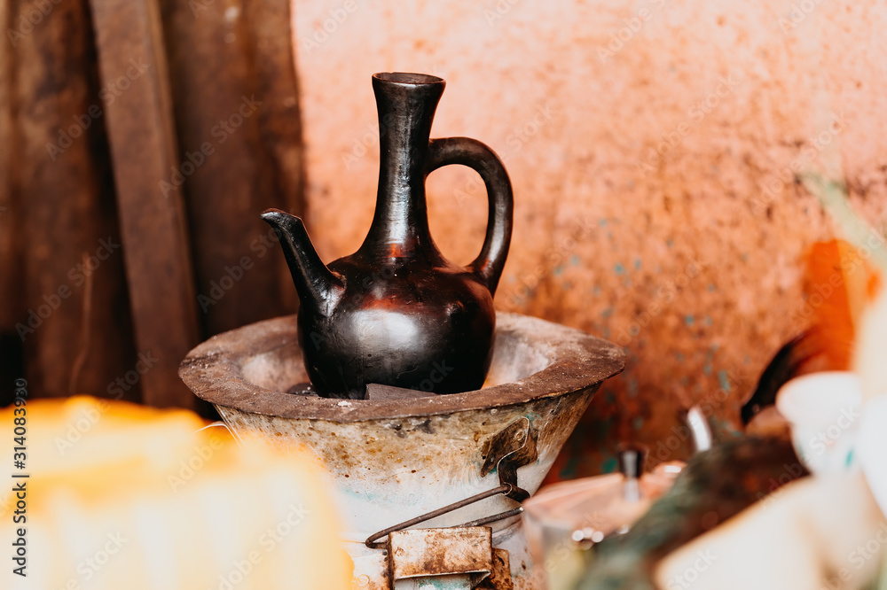 Traditional traditional Ethiopian coffee pot, Ceremony of brewing the ...