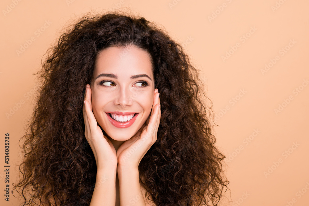 Close up photo beautiful amazing she her lady look empty space touch ...