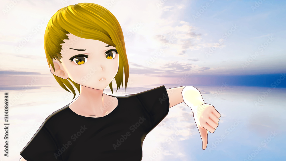 Anime Girl Cartoon Character thumbs down pose Blonde Hair with a smile ...