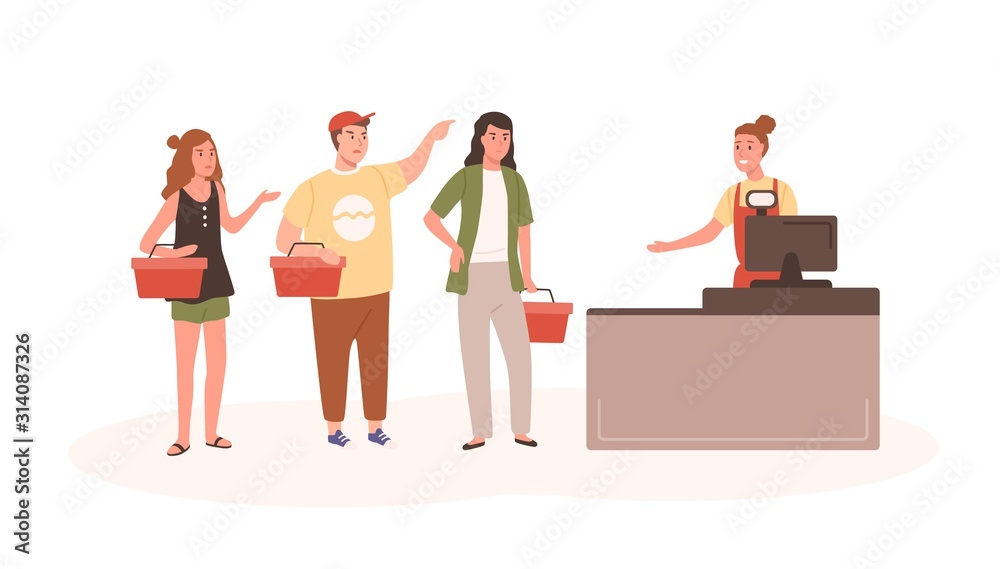Angry people at checkout flat vector illustration. Indignant customers ...