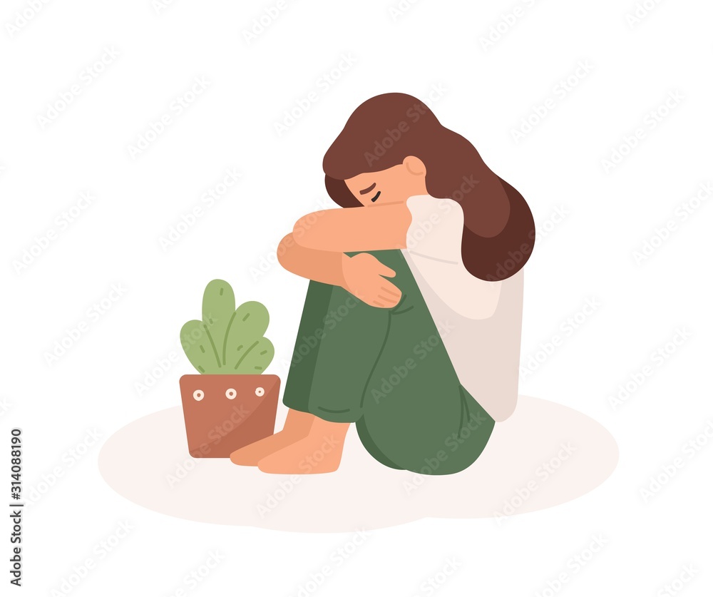 Sad young girl flat vector illustration. Bad mood, melancholy, sorrow ...