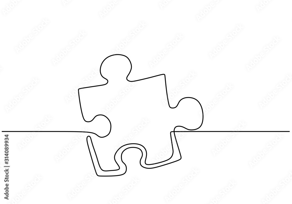 Continuous one line drawing of jigsaw puzzle isolated on white ...