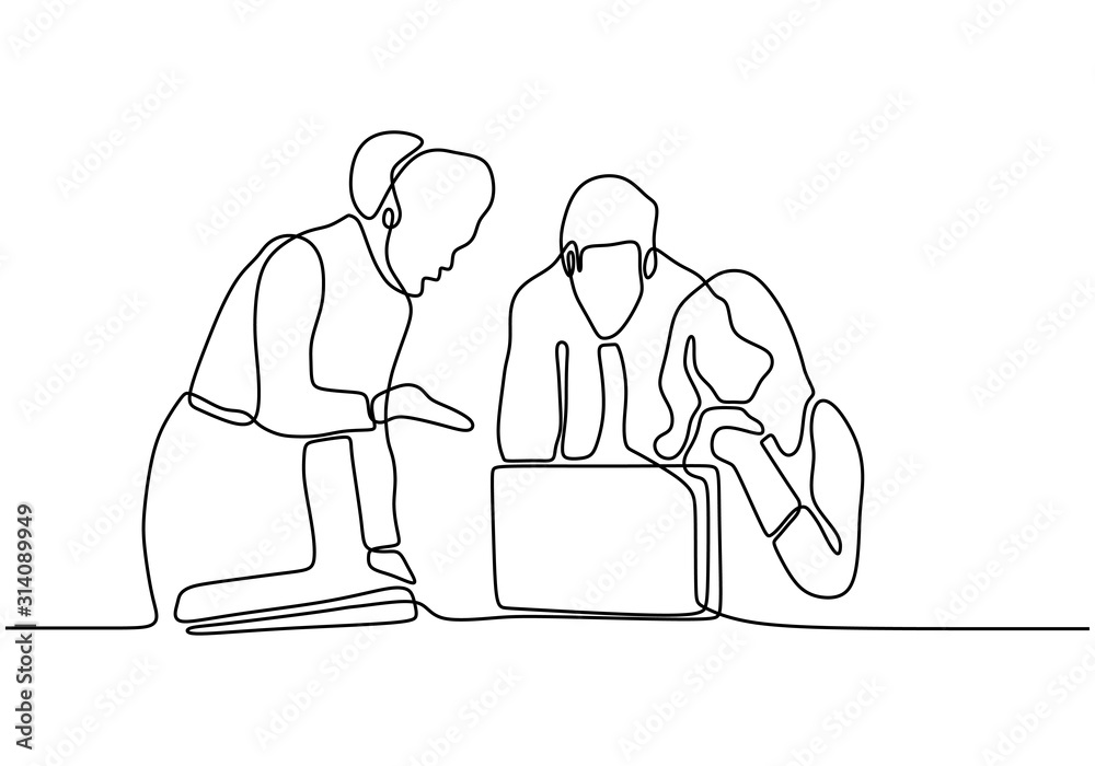 continuous line drawing of office workers at business meeting. Vector ...