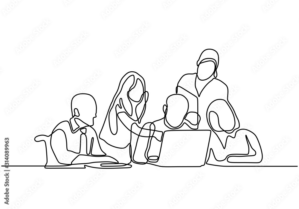 continuous line drawing of office workers at business meeting. Group of ...