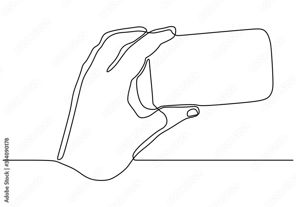 hand phone line drawing. Hand holding smartphone mobile gadget. One ...