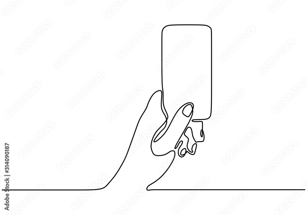hand phone line drawing. Hand holding smartphone mobile gadget. One ...