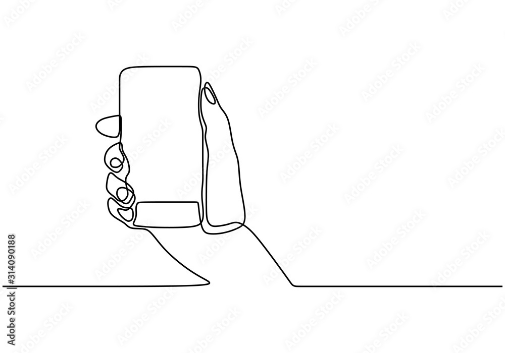 hand phone line drawing. Hand holding smartphone mobile gadget. One ...