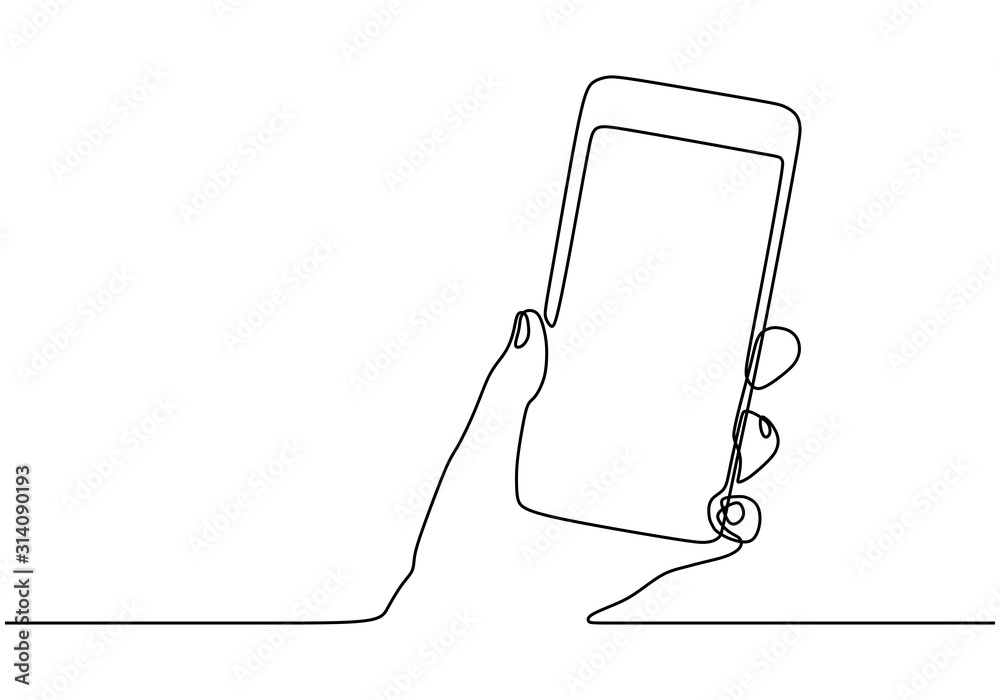 hand phone line drawing. Hand holding smartphone mobile gadget. One ...