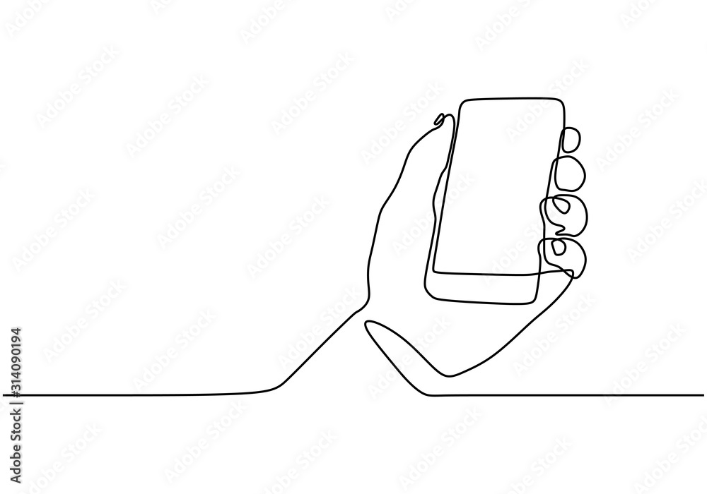 hand phone line drawing. Hand holding smartphone mobile gadget. One ...