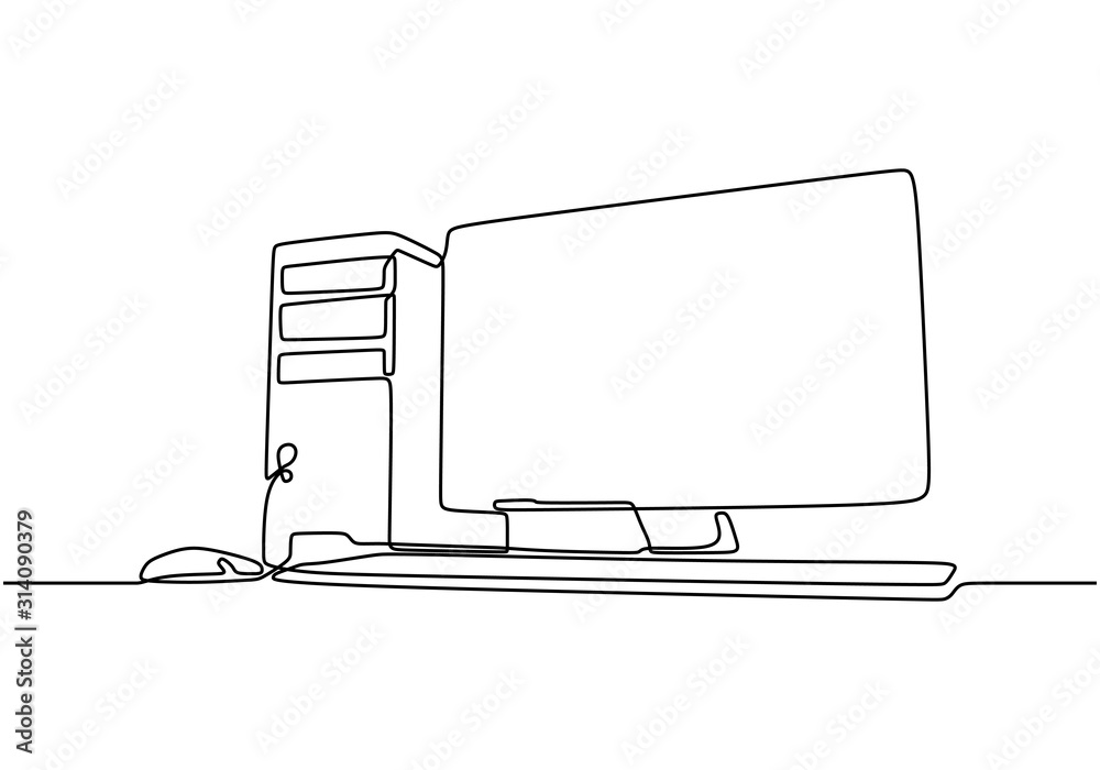 computer continuous line drawing. CPU and monitor minimalist technology ...