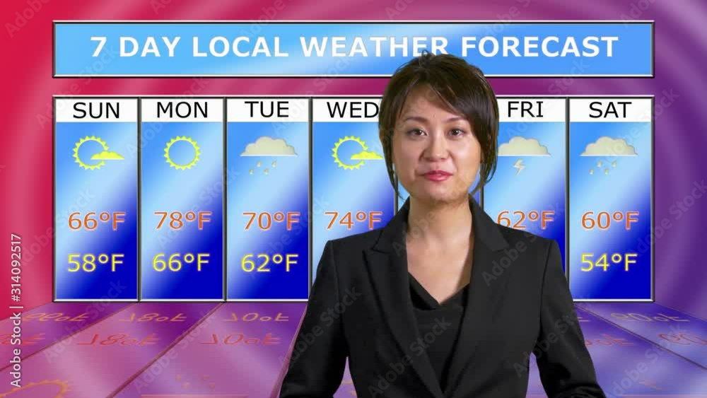 Asian American female weather reporter reporting from studio with ...