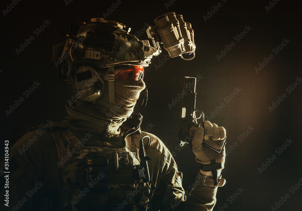 Side view portrait of army soldier, modern combatant, special forces ...