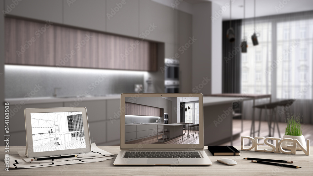 Architect designer desktop concept, laptop and tablet on wooden desk ...