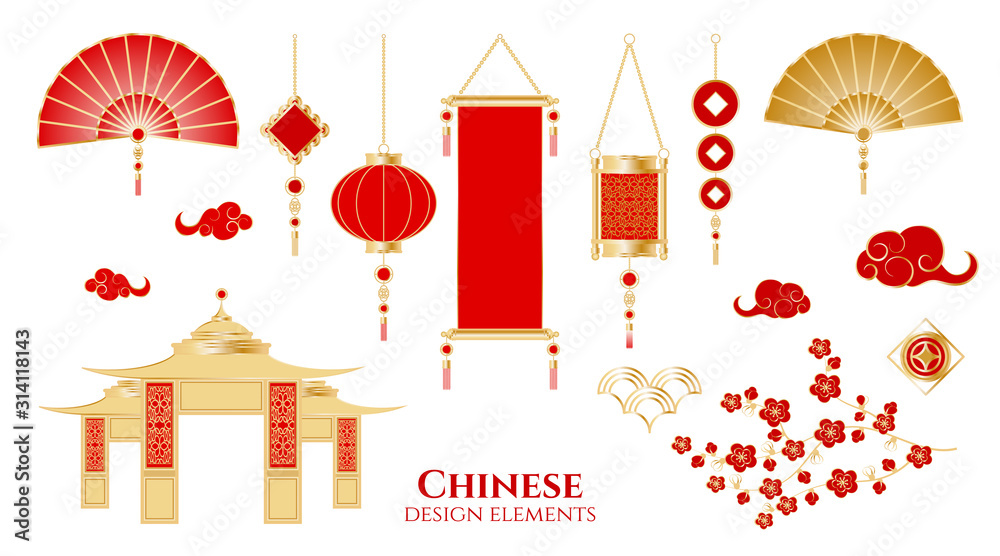 Set of decorative chinese elements. Golden clouds, flowers, fan ...