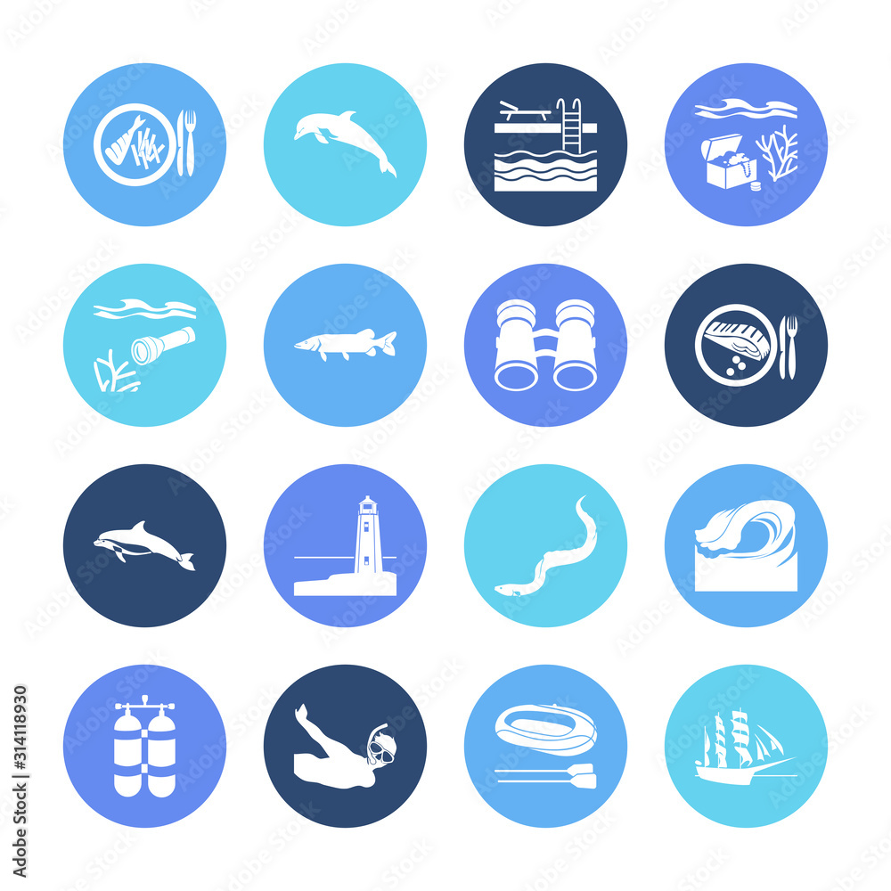 Sea world icon set and eel with fish with chips, underwater flashlight ...