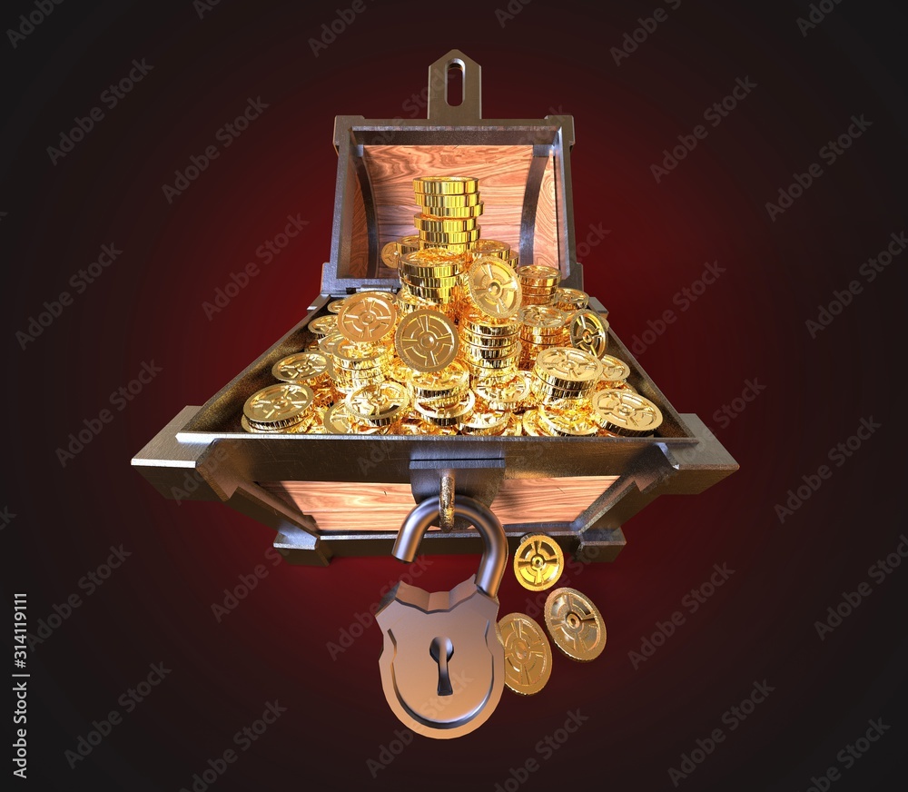 3d render. Treasure chest with euro money and gold. Render. Stock ...