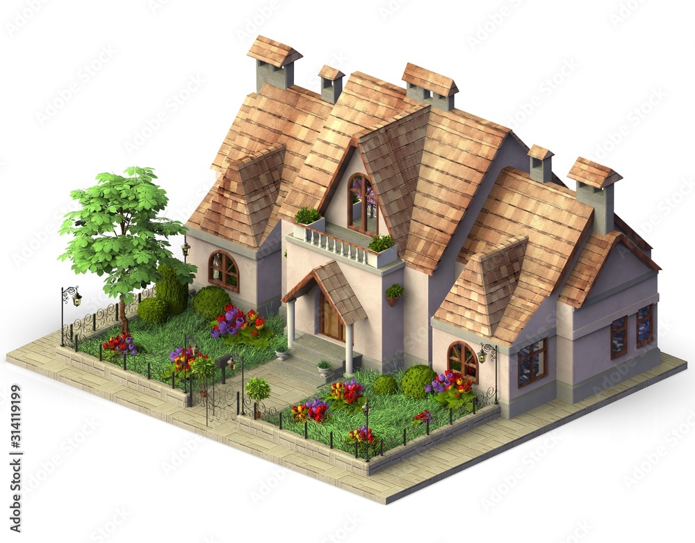 3D model of a two-story house with his yard Stock Illustration | Adobe ...