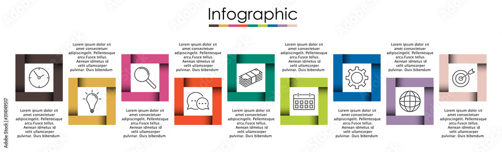 Vector infographic template with nine steps or options. Illustration ...