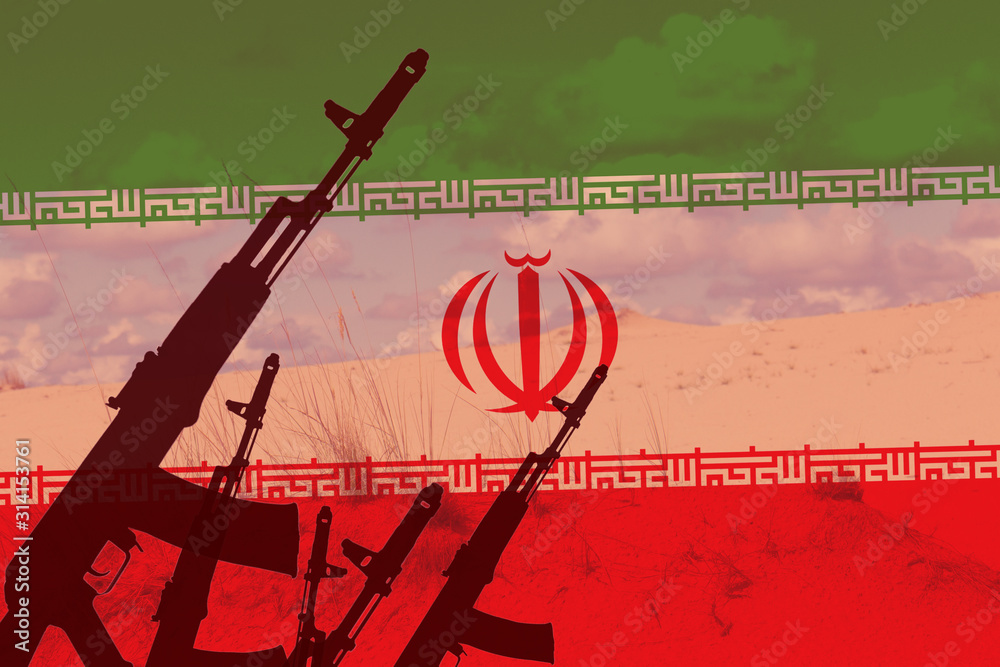 Iran flag tinted background with the silhouette of an AK-74 Kalashnikov ...